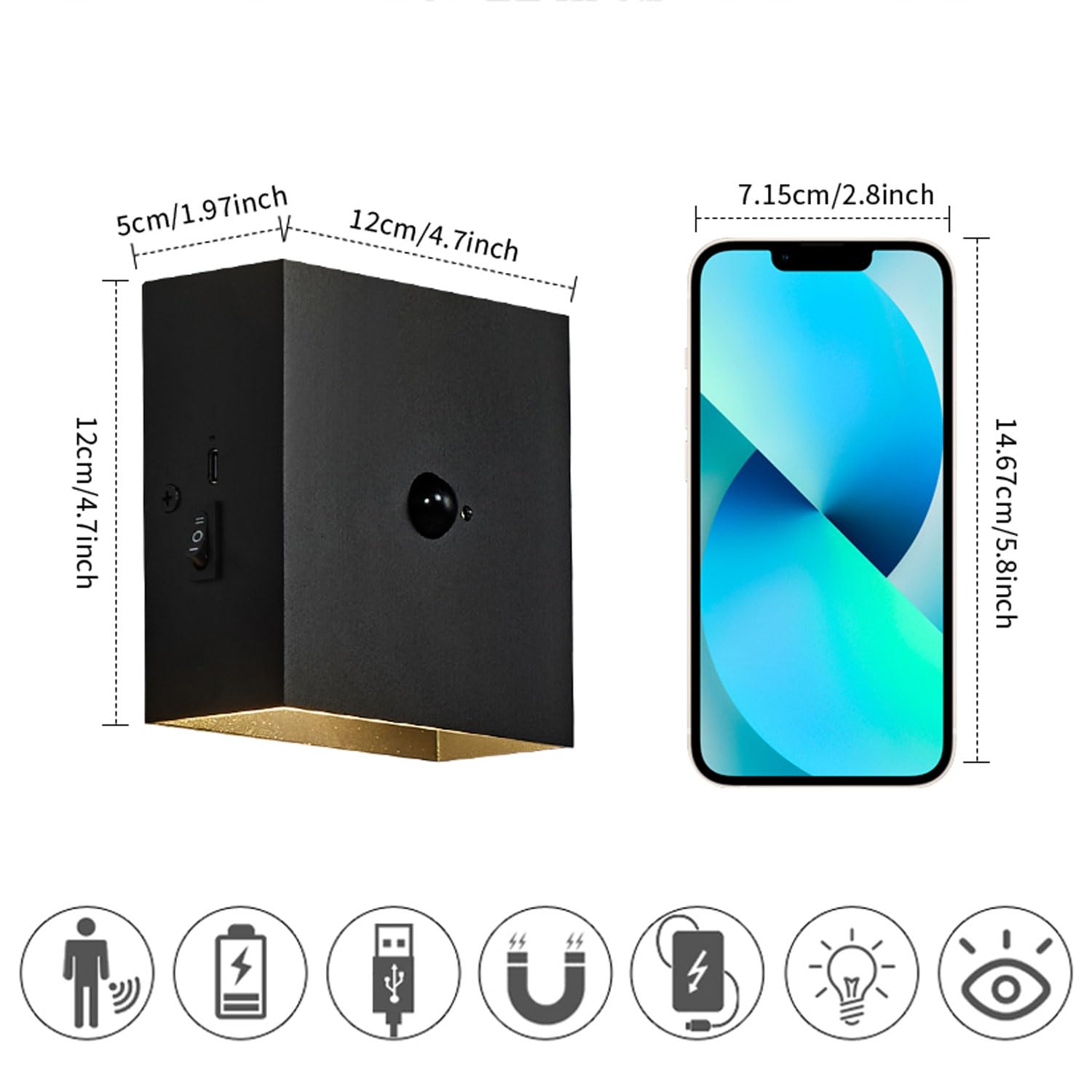 Battery Operated Wall Sconce Set of Two, USB Rechargeable LED Wall Light with Motion Sensor, 5W Indoor Cordless Wall Lamp with Switch, 3000K Warm White Magnet Wall Sconces for Bedroom Stairs Hallway