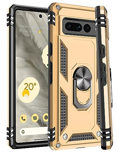 IKAZZ Suitable for Google Pixel 7 Pro Case,Military Grade Shockproof Heavy Duty Protective Phone Cover Pass 16ft Drop Test with Magnetic Kickstand Car Mount Holder Gold