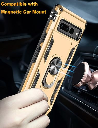 IKAZZ Suitable for Google Pixel 7 Pro Case,Military Grade Shockproof Heavy Duty Protective Phone Cover Pass 16ft Drop Test with Magnetic Kickstand Car Mount Holder Gold