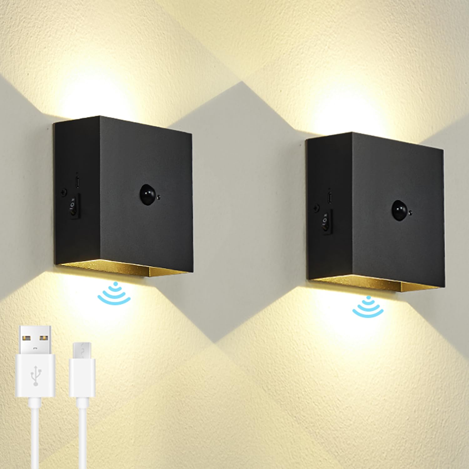 Battery Operated Wall Sconce Set of Two, USB Rechargeable LED Wall Light with Motion Sensor, 5W Indoor Cordless Wall Lamp with Switch, 3000K Warm White Magnet Wall Sconces for Bedroom Stairs Hallway