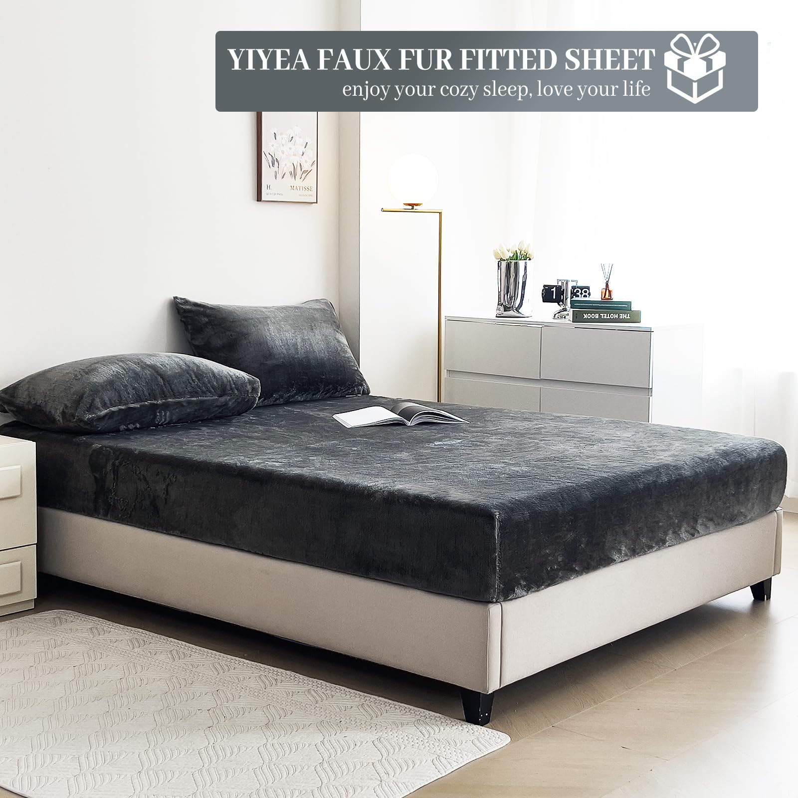 YIYEA Plush Fitted Sheet Twin Size, Ultra Soft Shaggy Fleece Twin Fitted Sheet, Fluffy Faux Fur 16" Deep Pocket Flannel Fitted Sheet for Fall Winter and Spring, 1 Pack Fitted Sheet Only