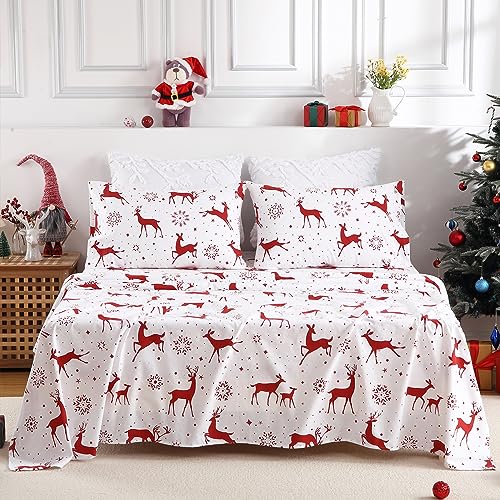 STARBEDIA Christmas Flannel Sheets Twin, 100% Cotton Holiday Bed Sheet Set, Deep Pocket Fitted Sheet, Soft Warm Brushed Christmas Sheet (Twin Size, Red Christmas Deer)