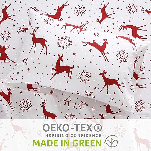 STARBEDIA Christmas Flannel Sheets Twin, 100% Cotton Holiday Bed Sheet Set, Deep Pocket Fitted Sheet, Soft Warm Brushed Christmas Sheet (Twin Size, Red Christmas Deer)