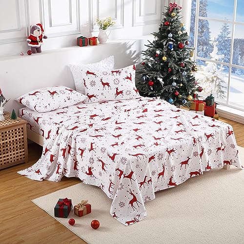 STARBEDIA Christmas Flannel Sheets Twin, 100% Cotton Holiday Bed Sheet Set, Deep Pocket Fitted Sheet, Soft Warm Brushed Christmas Sheet (Twin Size, Red Christmas Deer)