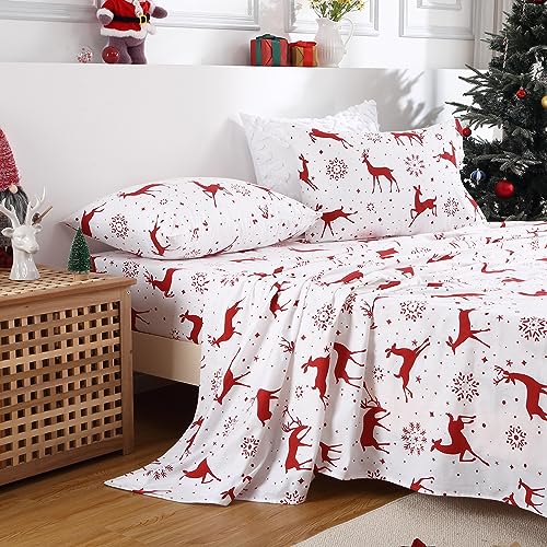 STARBEDIA Christmas Flannel Sheets Twin, 100% Cotton Holiday Bed Sheet Set, Deep Pocket Fitted Sheet, Soft Warm Brushed Christmas Sheet (Twin Size, Red Christmas Deer)