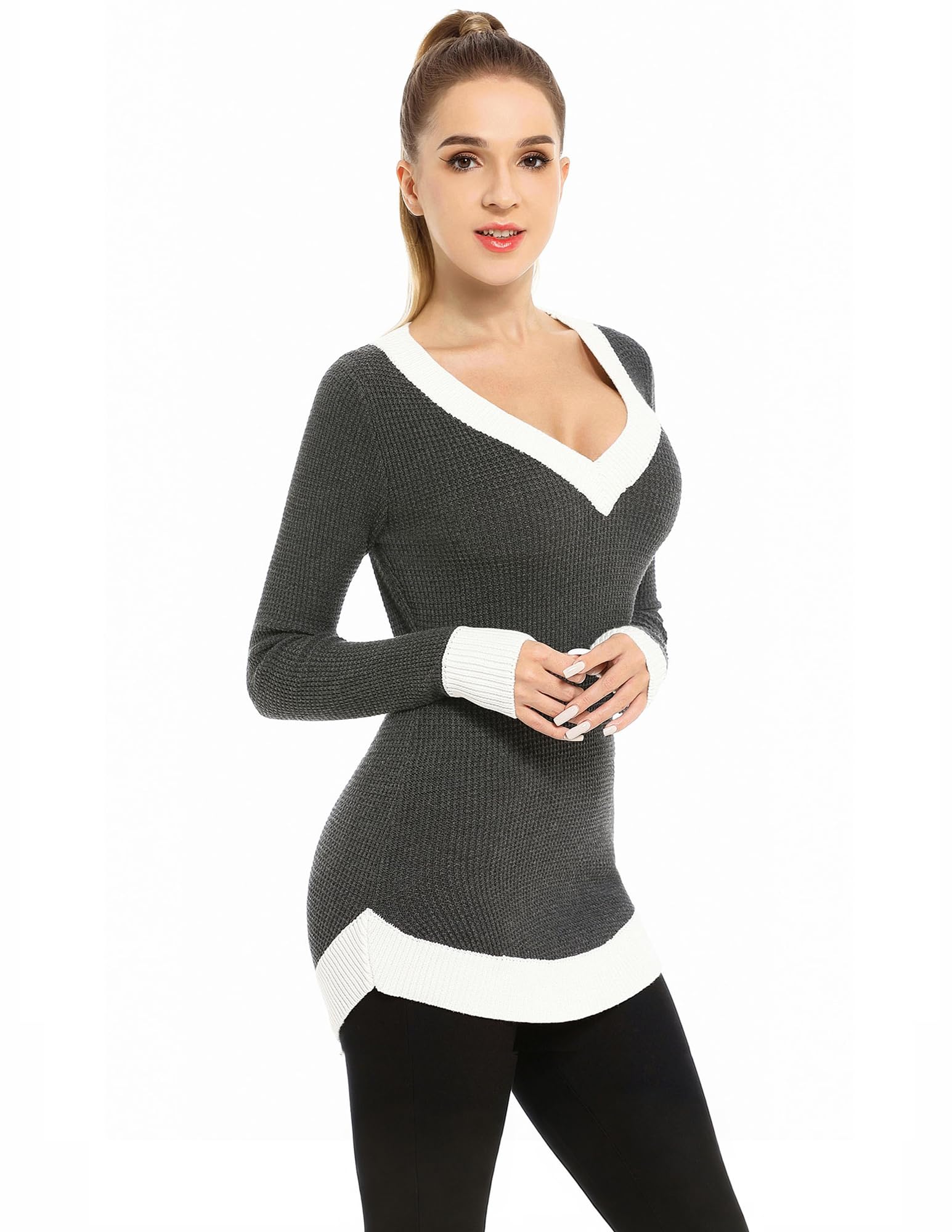 AmélieBoutik Women Cotton Blend V Neck Color Block Long Sleeve Curve Hem Sweater (Gray and Ivory White Medium)