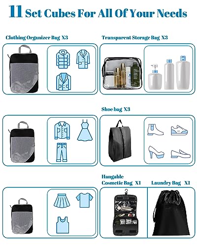 Instraella Compression Packing Cubes for Suitcases, 11 Set Packing Cubes Travel Accessories With 3 Compressible Packing Cubes, Travel Makeup Bag, Shoe Bag, Cable Organizer Bag For Carry On Luggage