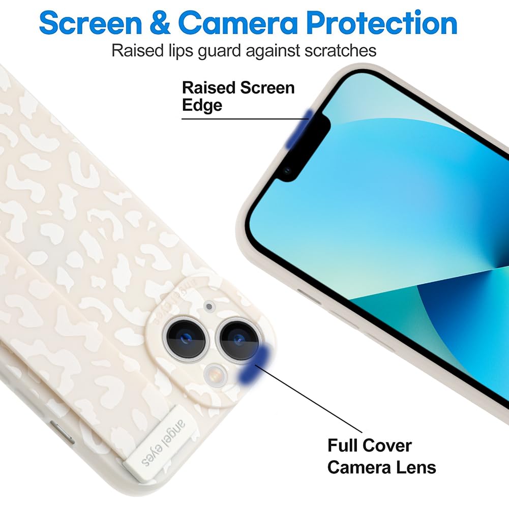 OOK Compatible with iPhone 13 Leopard Print Case with Wrist Strap, White Leopard TPU Shockproof Protection Cover Cheetah Print with Camera Protection for Women Girls, for 6.1inch