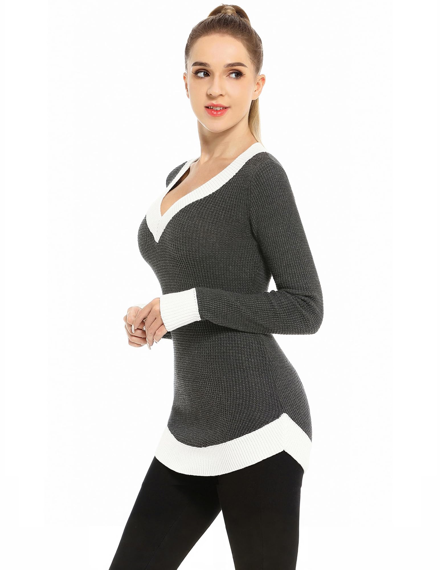 AmélieBoutik Women Cotton Blend V Neck Color Block Long Sleeve Curve Hem Sweater (Gray and Ivory White Medium)