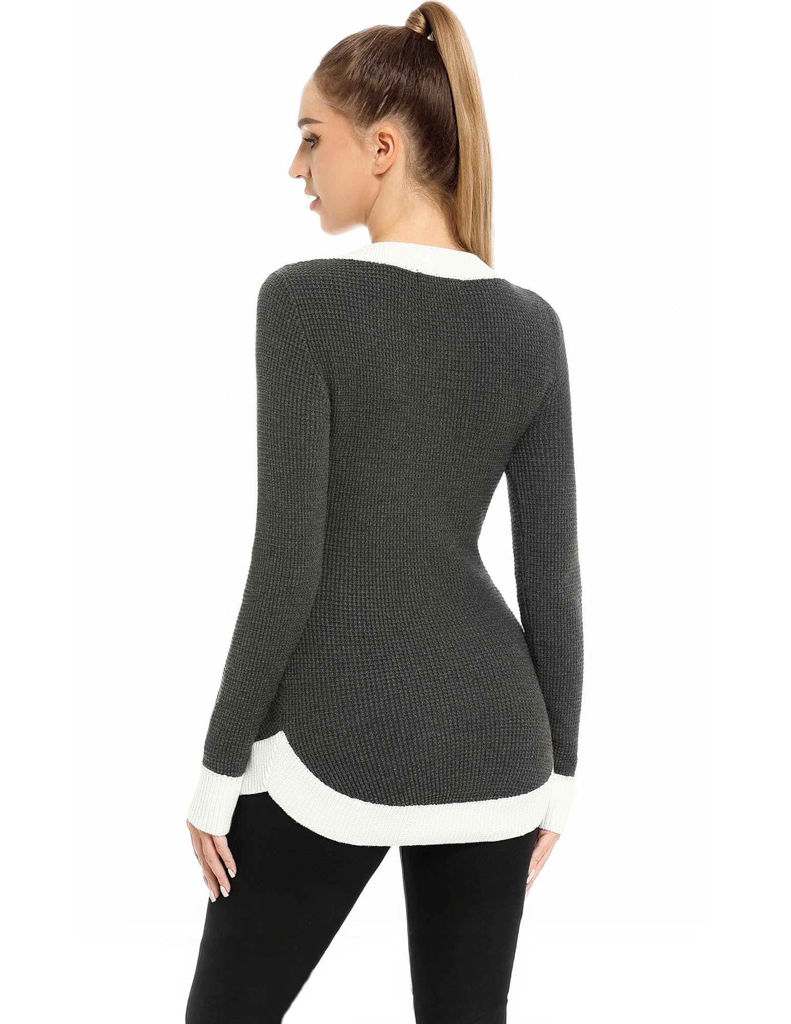 AmélieBoutik Women Cotton Blend V Neck Color Block Long Sleeve Curve Hem Sweater (Gray and Ivory White Medium)