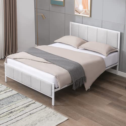 BALUS California King Size Bed Frame, Linen Upholstered Platform Bed Bedroom, Bed Frame with Channel Tufted Headboard, No Box Spring Needed - Light Grey
