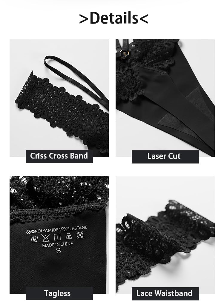 abandi Lace G-String Thongs,Sexy T Back Strappy Panties,Criss Cross Cutout Thong Panties,No Show Underwear 4 Pack,Size M