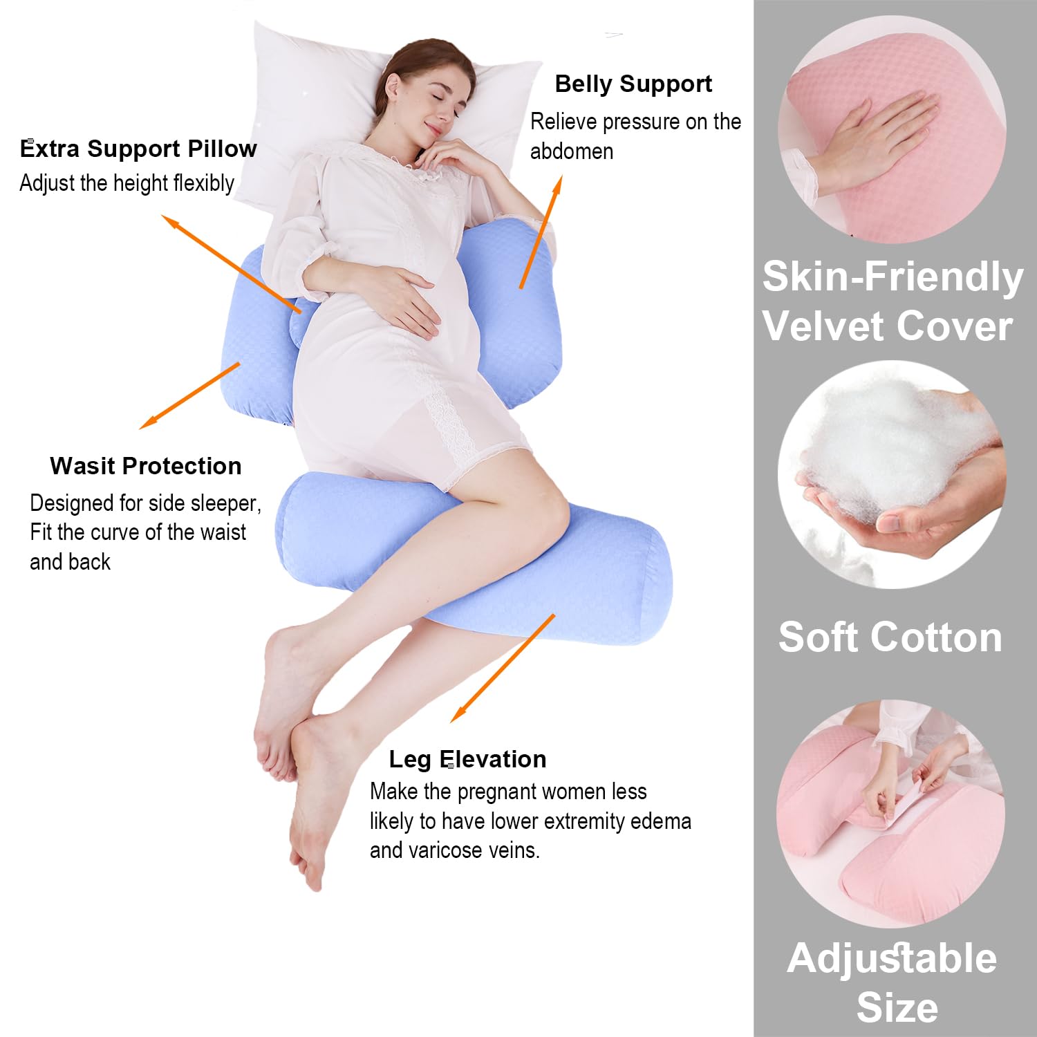 Pregnancy Pillows for Sleeping, Soft Maternity Body Pillow for Side Sleeper, Support for Back, Legs, Belly, Adjustable Travel Pregnant Women Pillow (Blue)