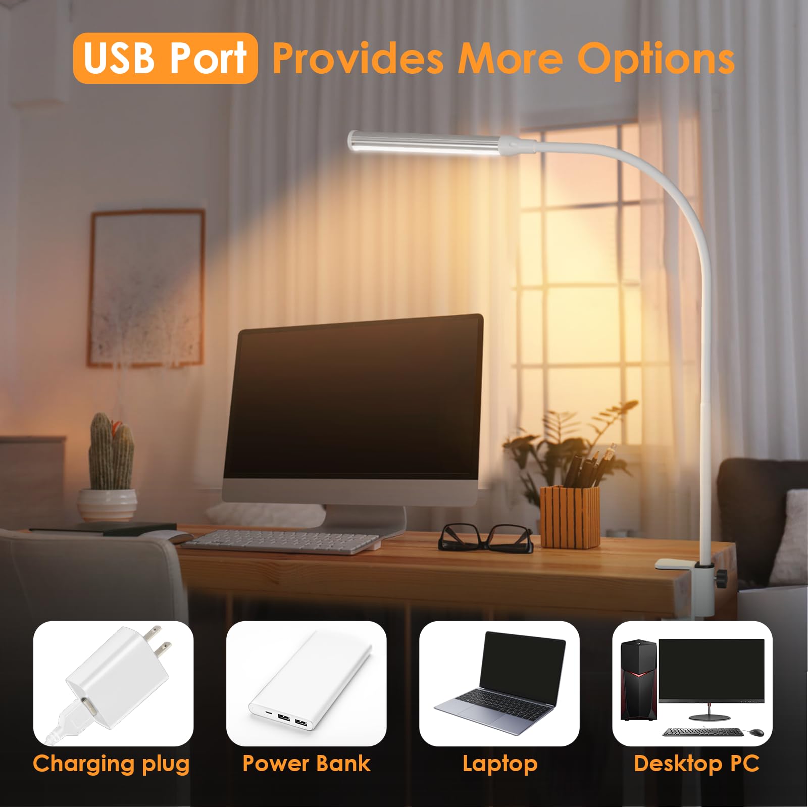 ShineTech LED Desk Lamp for Home Office, Eye-Caring Desk Light with Clamp, 3 Colors Stepless Brightness Adjustable Flexible Gooseneck, USB Adapter