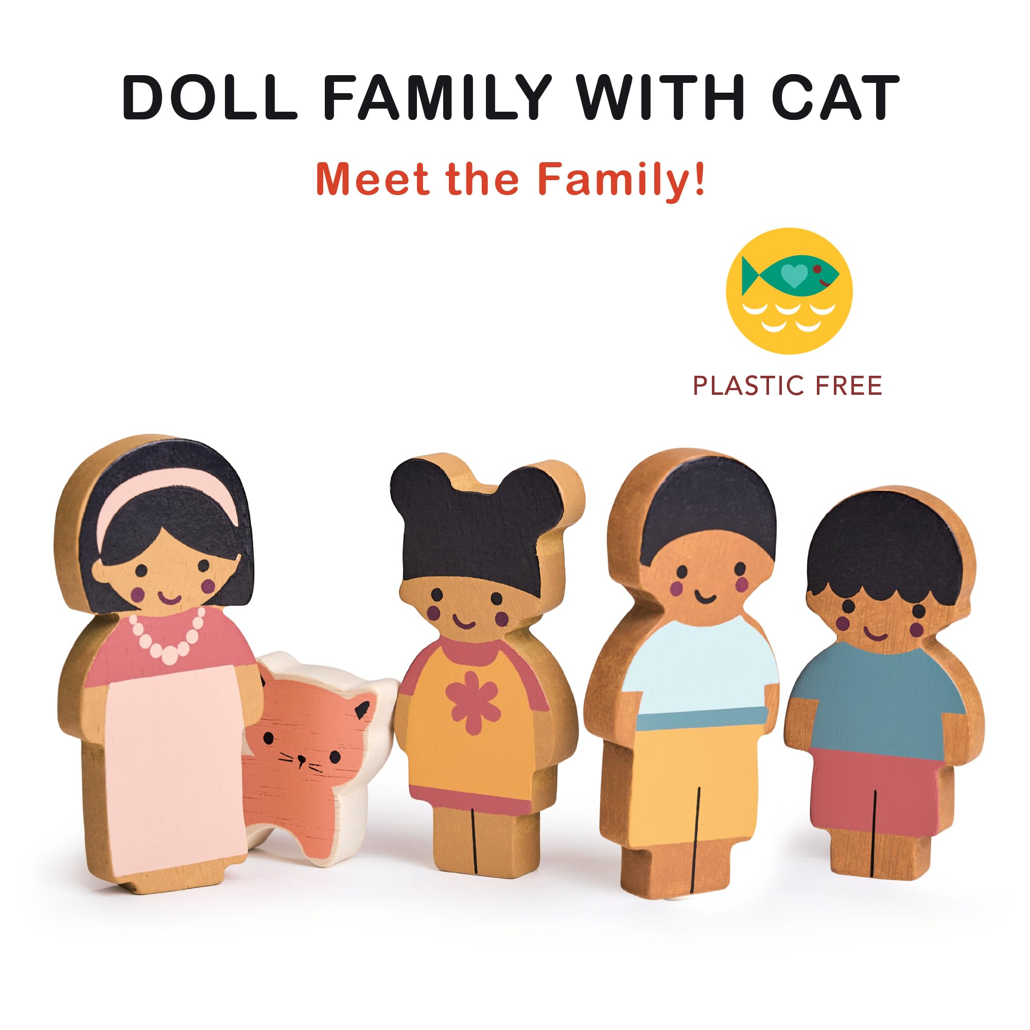 Mentari Toys - Doll Family with Cat - 5pc Multicultural Solid Wood Doll Set with Playful Kitten - Perfectly Sized for Little Hands - Encourages Imaginative Play and Social Skills - Age 12m+