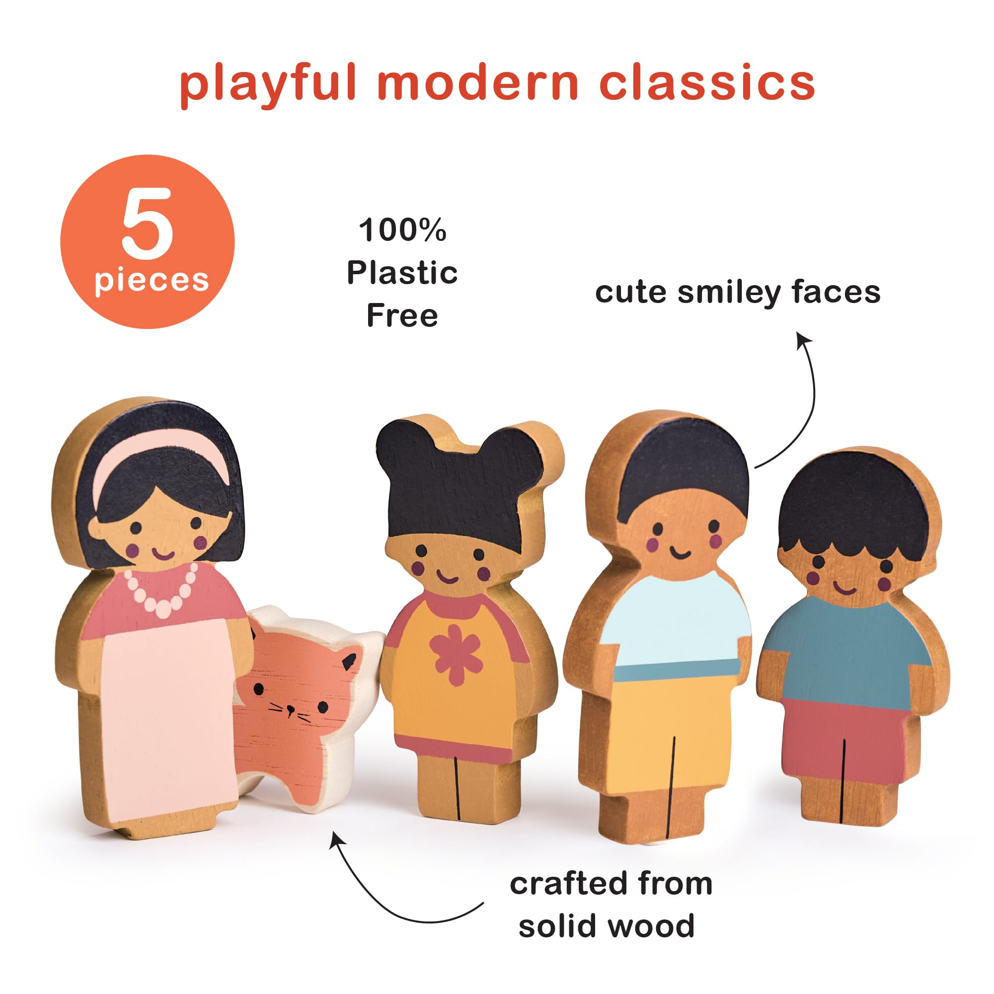 Mentari Toys - Doll Family with Cat - 5pc Multicultural Solid Wood Doll Set with Playful Kitten - Perfectly Sized for Little Hands - Encourages Imaginative Play and Social Skills - Age 12m+