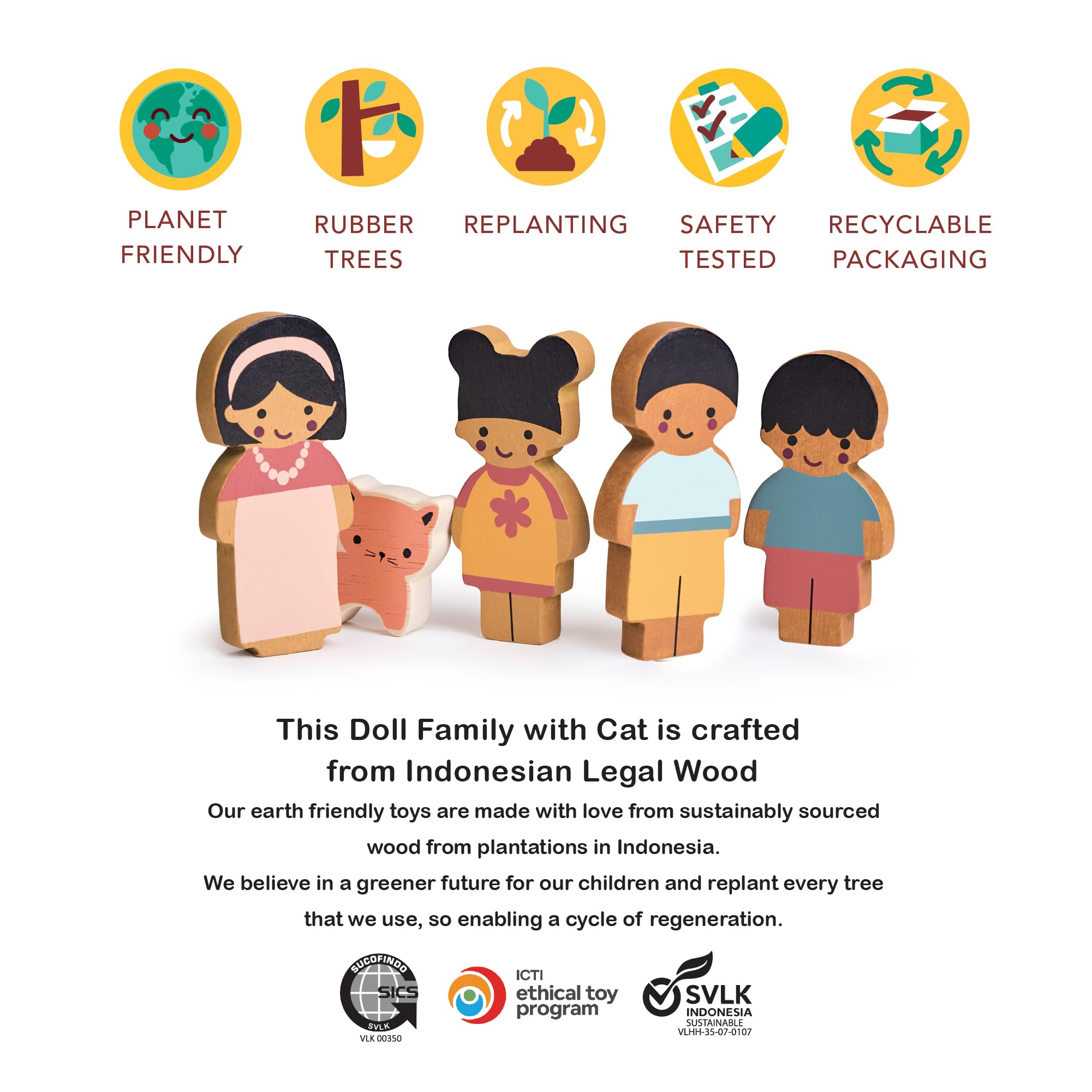 Mentari Toys - Doll Family with Cat - 5pc Multicultural Solid Wood Doll Set with Playful Kitten - Perfectly Sized for Little Hands - Encourages Imaginative Play and Social Skills - Age 12m+