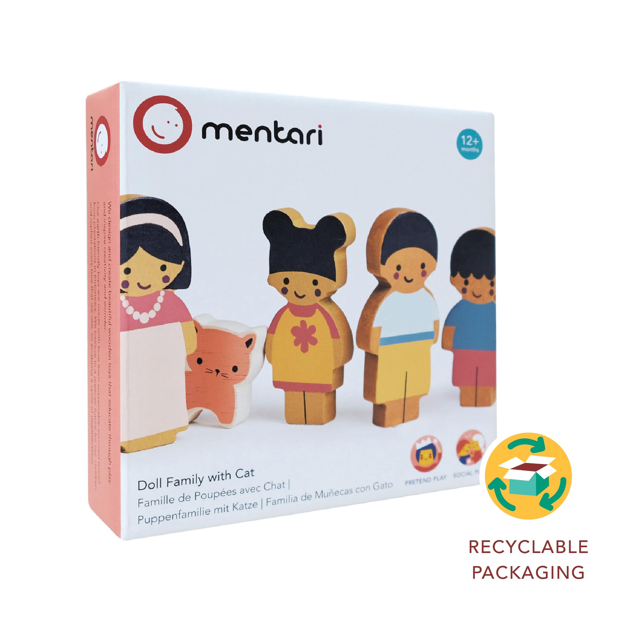 Mentari Toys - Doll Family with Cat - 5pc Multicultural Solid Wood Doll Set with Playful Kitten - Perfectly Sized for Little Hands - Encourages Imaginative Play and Social Skills - Age 12m+