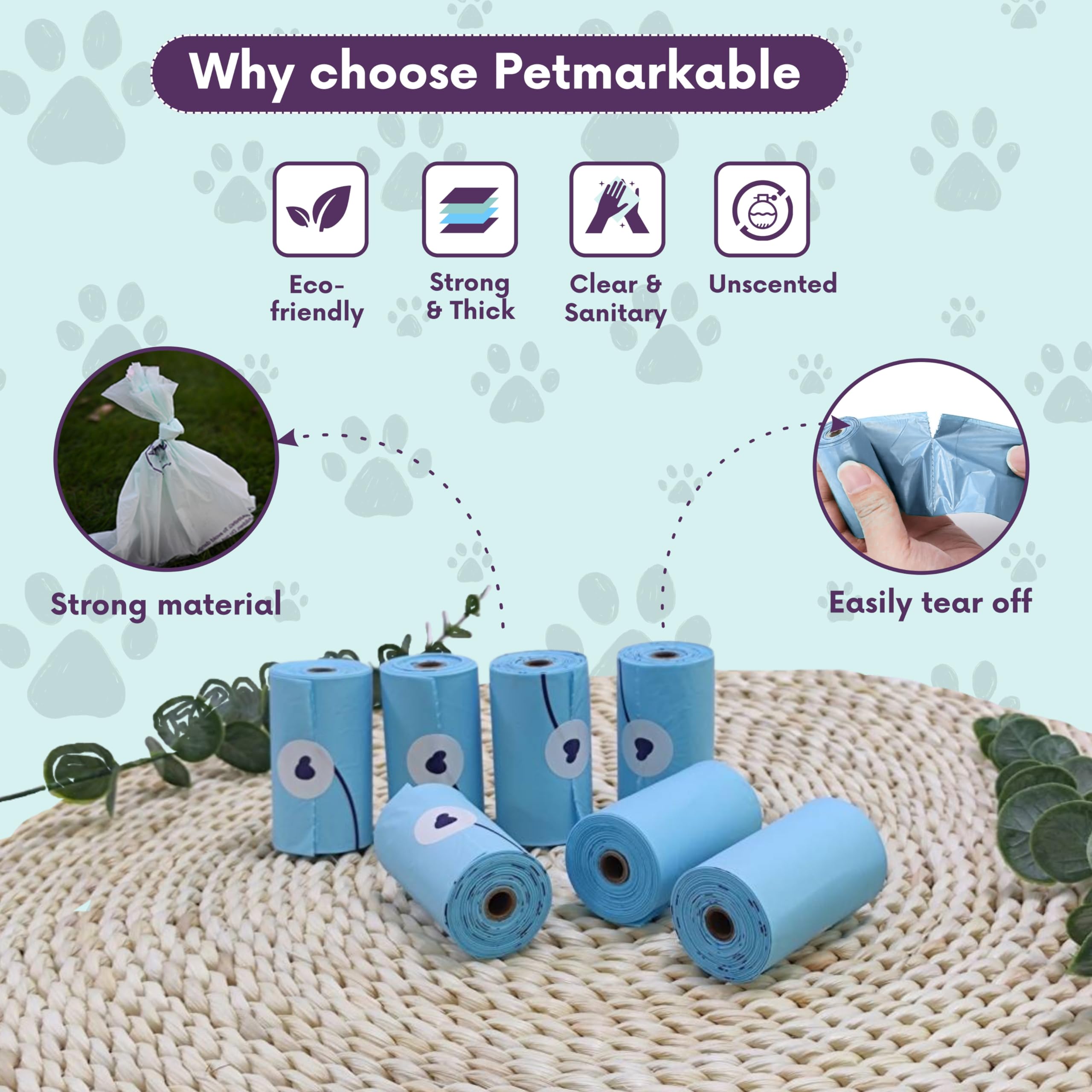 Petmarkable Complete Earth-Conscious Dog Waste Kit: Wheat Straw Waste Bag Dispenser with one corn starch 15-bag waste bag roll, Carabiner, Elastic Band for Secure Leash Attachment, Leak-Proof (Blue)