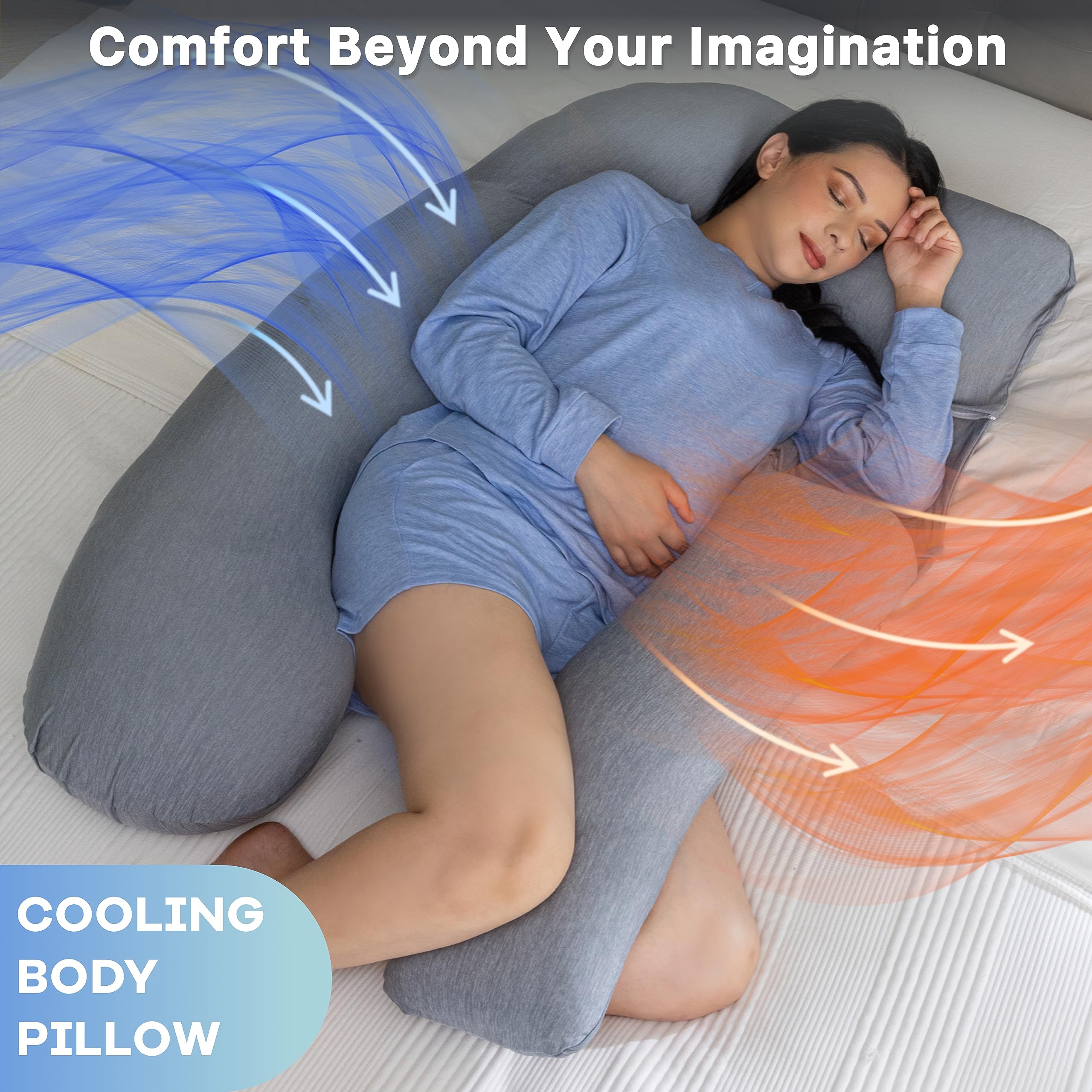 EKLO Pregnancy Pillows, U-Shape Full Body Pillow β Cooling Cover Grey β Pregnancy Pillows for Sleeping β Body Pillows for Adults, Maternity Pillow and Pregnancy Must Haves