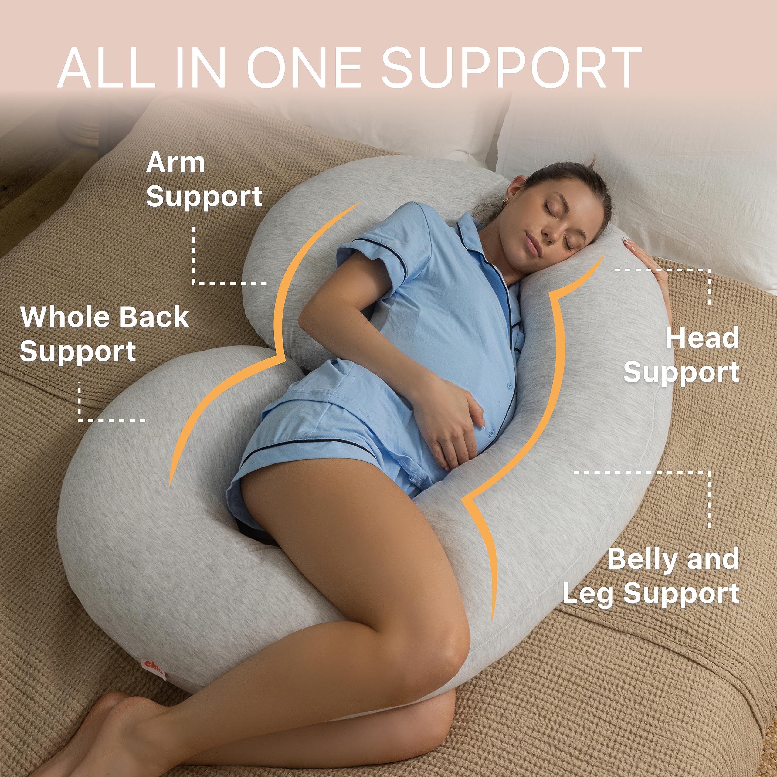 EKLO Pregnancy Pillows, C-Shape Full Body Pillow – Jersey Cover Light Grey – Maternity Must Haves, Great for Sleeping, Resting - Full Body Support