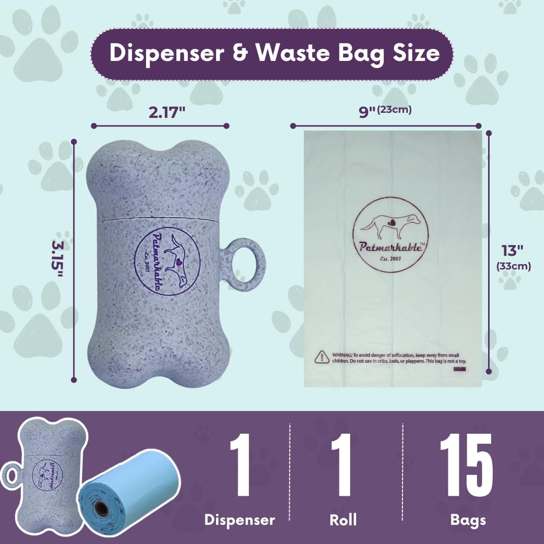 Petmarkable Complete Earth-Conscious Dog Waste Kit: Wheat Straw Waste Bag Dispenser with one corn starch 15-bag waste bag roll, Carabiner, Elastic Band for Secure Leash Attachment, Leak-Proof (Blue)