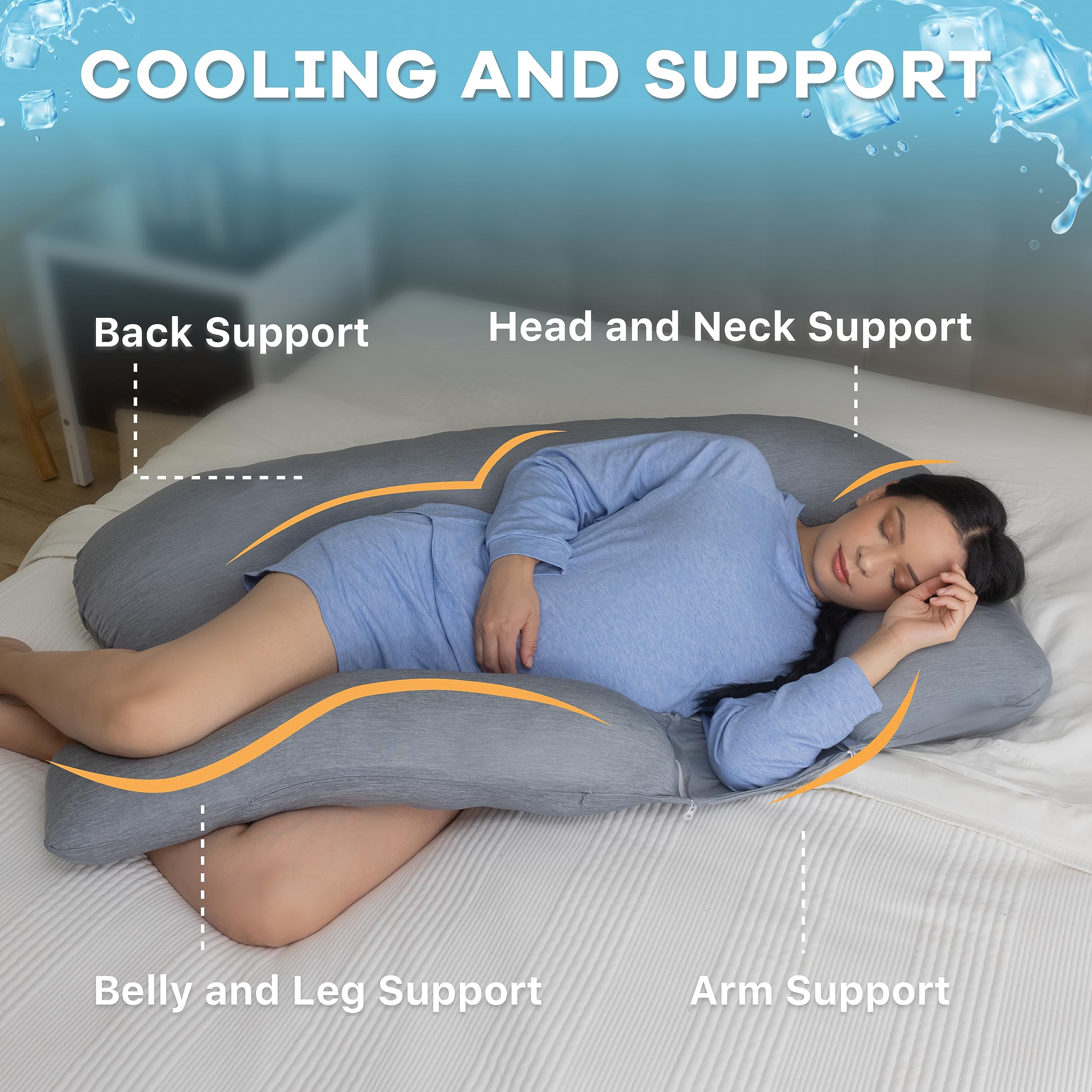 EKLO Pregnancy Pillows, U-Shape Full Body Pillow β Cooling Cover Grey β Pregnancy Pillows for Sleeping β Body Pillows for Adults, Maternity Pillow and Pregnancy Must Haves