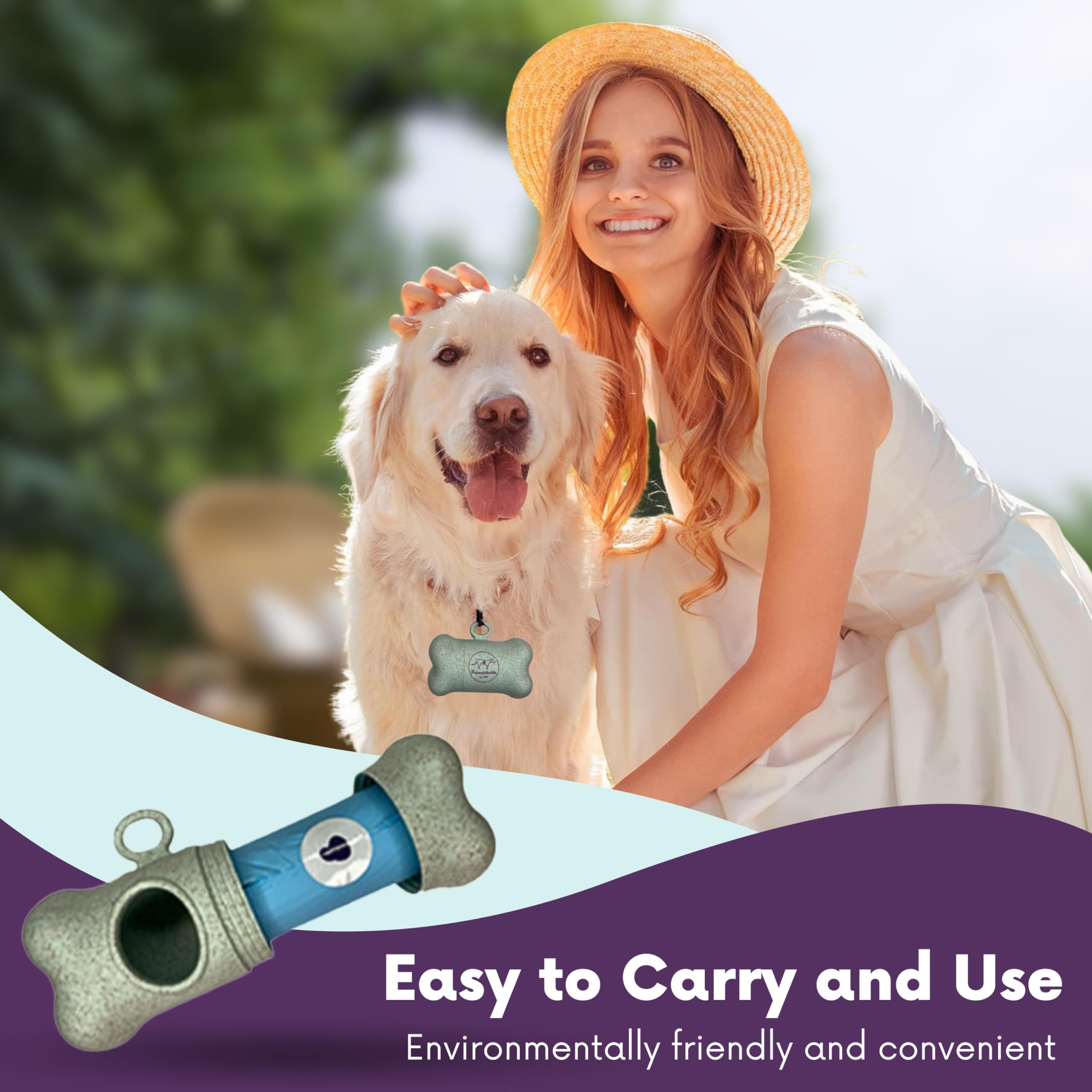 Petmarkable Complete Earth-Conscious Dog Waste Kit: Wheat Straw Waste Bag Dispenser with one corn starch 15-bag waste bag roll, Carabiner, Elastic Band for Secure Leash Attachment, Leak-Proof (Blue)