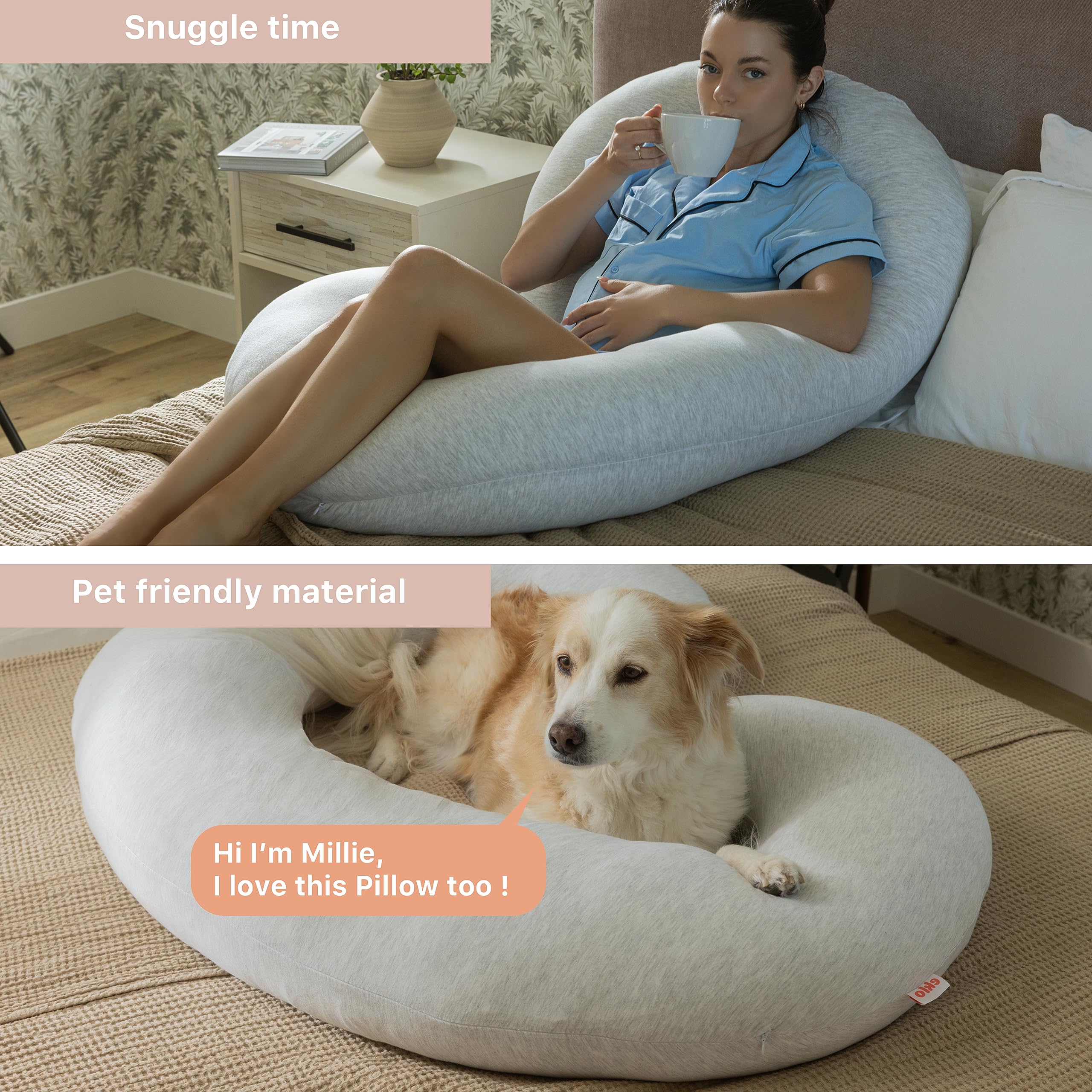 EKLO Pregnancy Pillows, C-Shape Full Body Pillow – Jersey Cover Light Grey – Maternity Must Haves, Great for Sleeping, Resting - Full Body Support