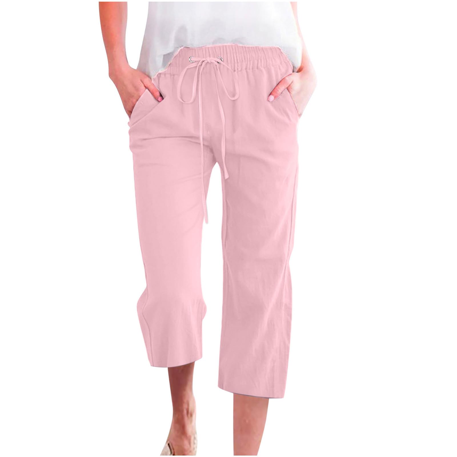 Pants Women Women's Summer Beach Pants Drawstring Elastic Waist Solid Trousers Slacks Cotton Linen Capri Pants Plus Size Relaxed Fit Pink XL
