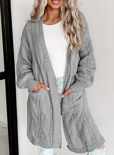 Dokotoo Long Cardigans for Women Open Front Lightweight Fall Sweaters for Women 2024 Knit Cute Clothing with Pockets Trendy,Gray Large
