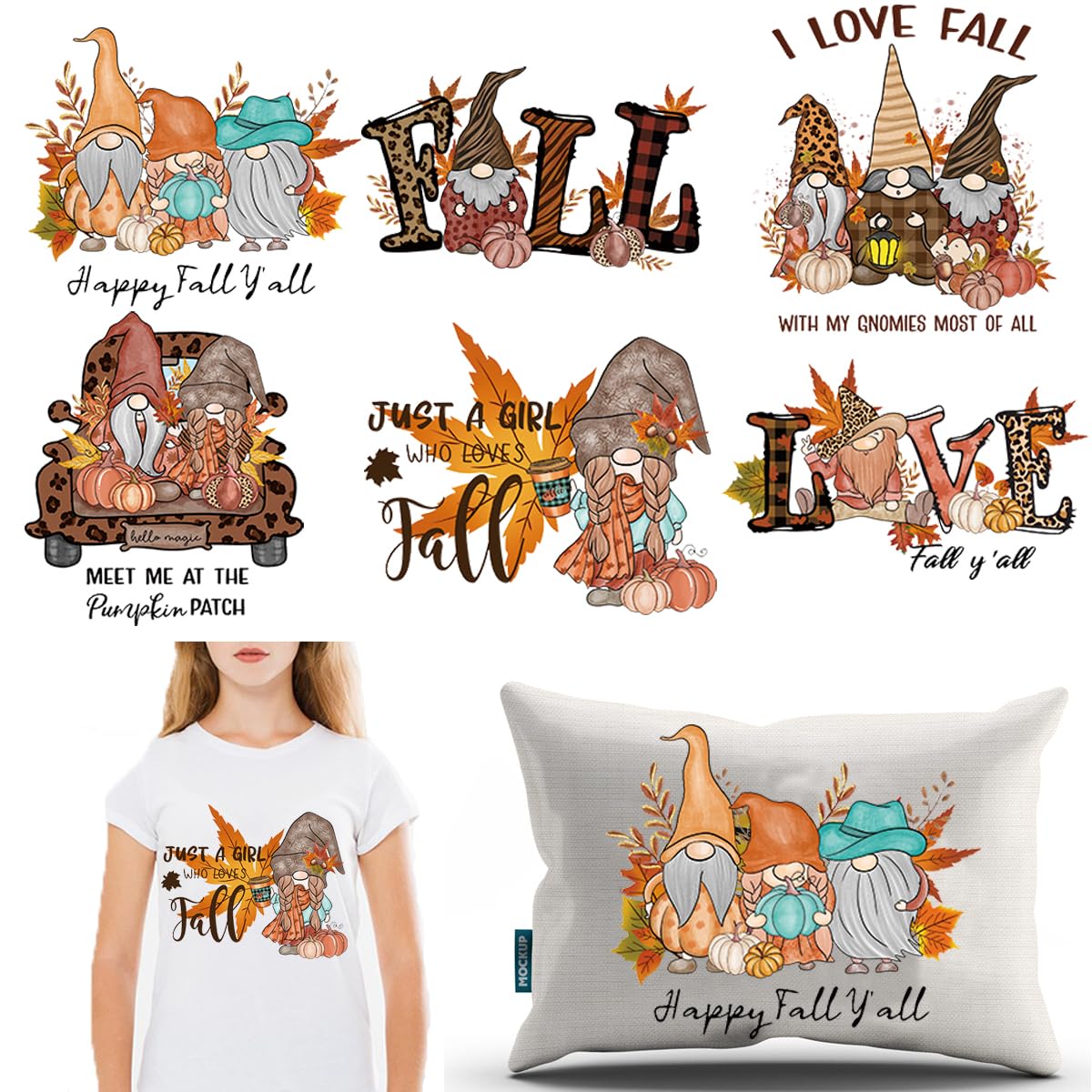 6 Sheets Thanksgiving Heat Transfers Vinyl Fall Iron On Transfers for T-Shirts Autumn Pumpkin Maple Leaf Gnome Design HTV Viny Appliques Sticker for Jean Pillow Cover DIY Decorations