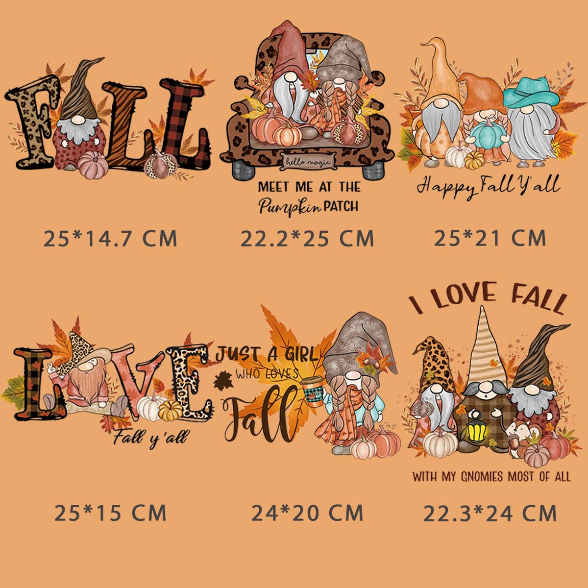 6 Sheets Thanksgiving Heat Transfers Vinyl Fall Iron On Transfers for T-Shirts Autumn Pumpkin Maple Leaf Gnome Design HTV Viny Appliques Sticker for Jean Pillow Cover DIY Decorations