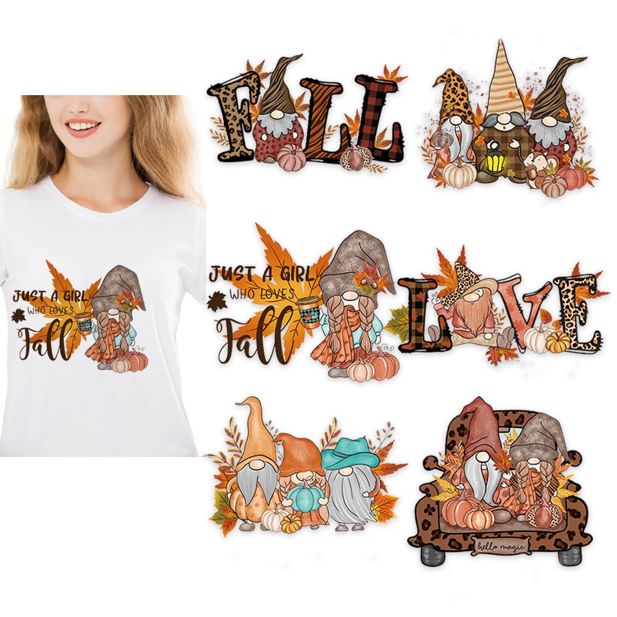 6 Sheets Thanksgiving Heat Transfers Vinyl Fall Iron On Transfers for T-Shirts Autumn Pumpkin Maple Leaf Gnome Design HTV Viny Appliques Sticker for Jean Pillow Cover DIY Decorations
