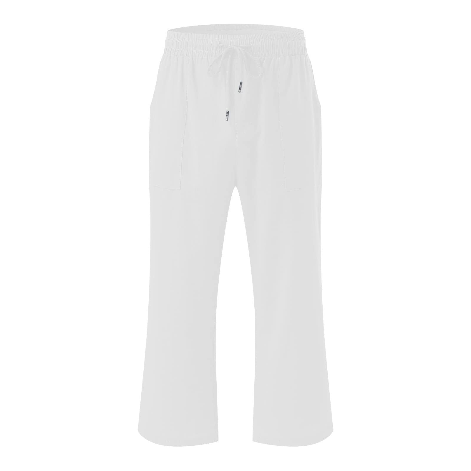 Plus Size Summer Pants Women's Pants Drawstring Elastic Waist Trousers Slacks Cotton Linen Capri Pants Pull-On Legging Pant Summer Beach Quick Dry White XL