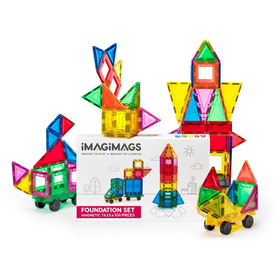 Imagimags Magnetic Building Tiles, 108 Piece Foundation Set for Boys Girls Kids, Educational Creative Learning Activity Building Block Toddler Toys, STEM, Children Ages 3 Years +