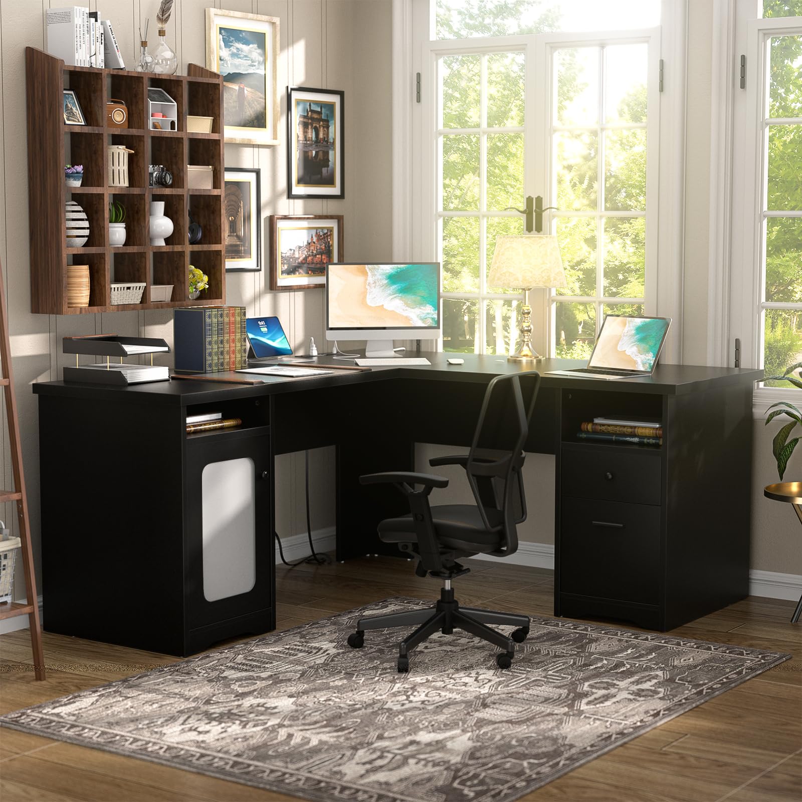 Unikito L Shaped Desk with Drawers, 60 Inch Office Desk with Power Outlet & USB Charging Port, Large Corner Computer Desk with File Cabinets, 2 Person Sturdy Executive Desk with Storage Cabinet, Black