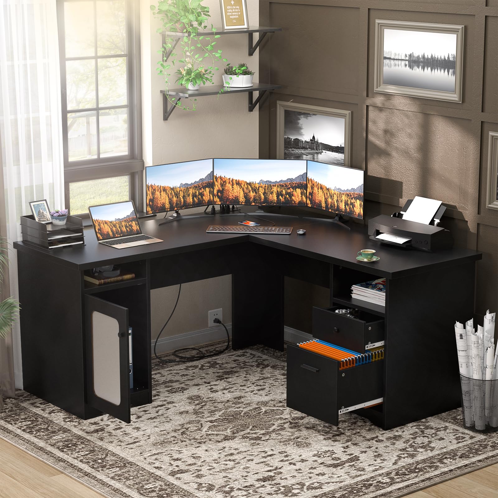 Unikito L Shaped Desk with Drawers, 60 Inch Office Desk with Power Outlet & USB Charging Port, Large Corner Computer Desk with File Cabinets, 2 Person Sturdy Executive Desk with Storage Cabinet, Black