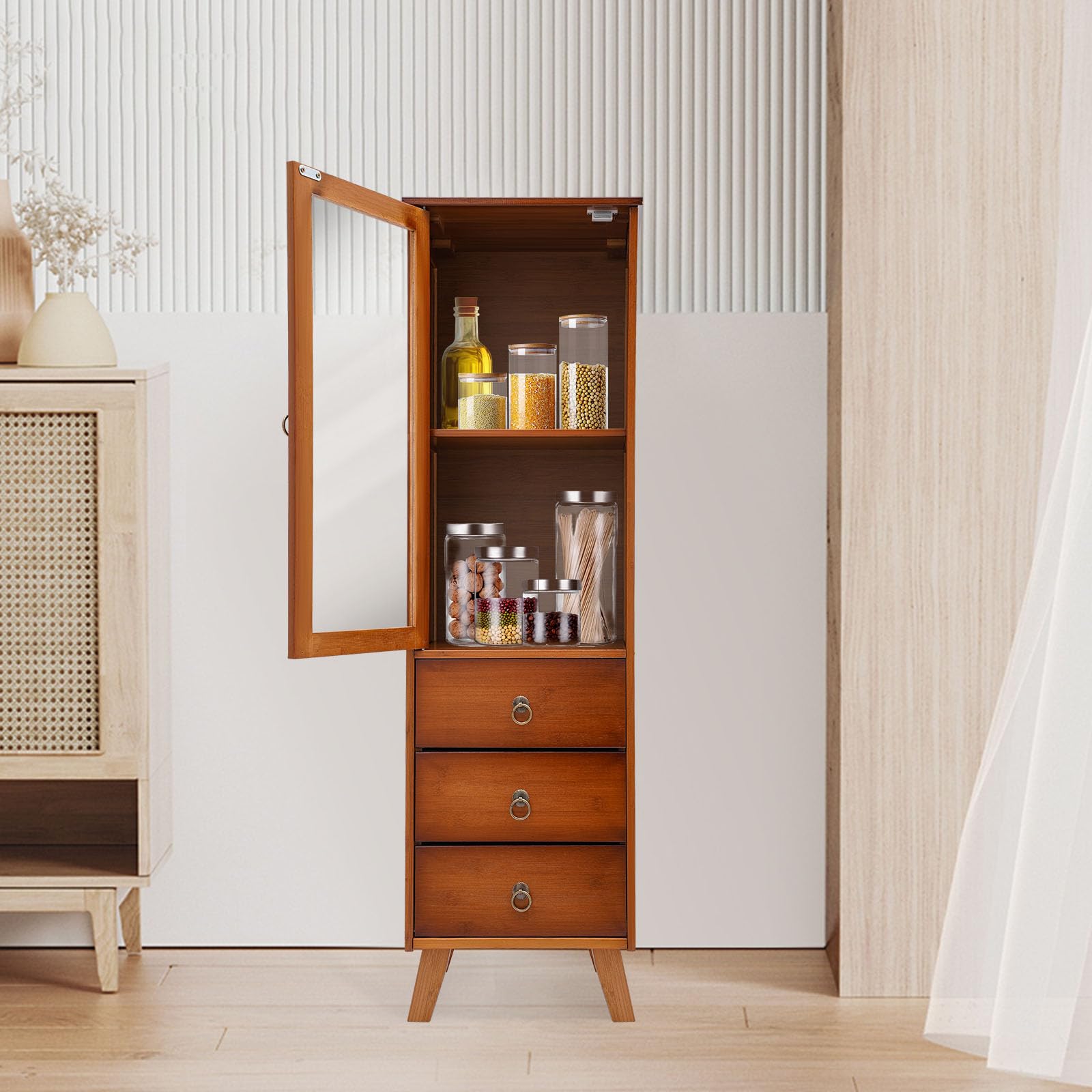 Treliamd Wood Storage Cabinet, Cupboard with 1 Door and 2 Drawers, Display Cabinet, Kitchen Cupboard Storage Organizer for Bedroom, Kitchen, Living Room, Brown