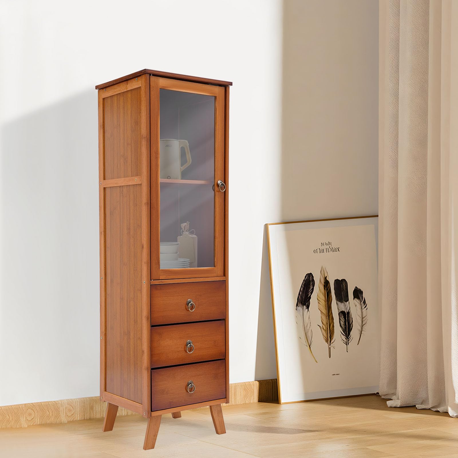 Treliamd Wood Storage Cabinet, Cupboard with 1 Door and 2 Drawers, Display Cabinet, Kitchen Cupboard Storage Organizer for Bedroom, Kitchen, Living Room, Brown