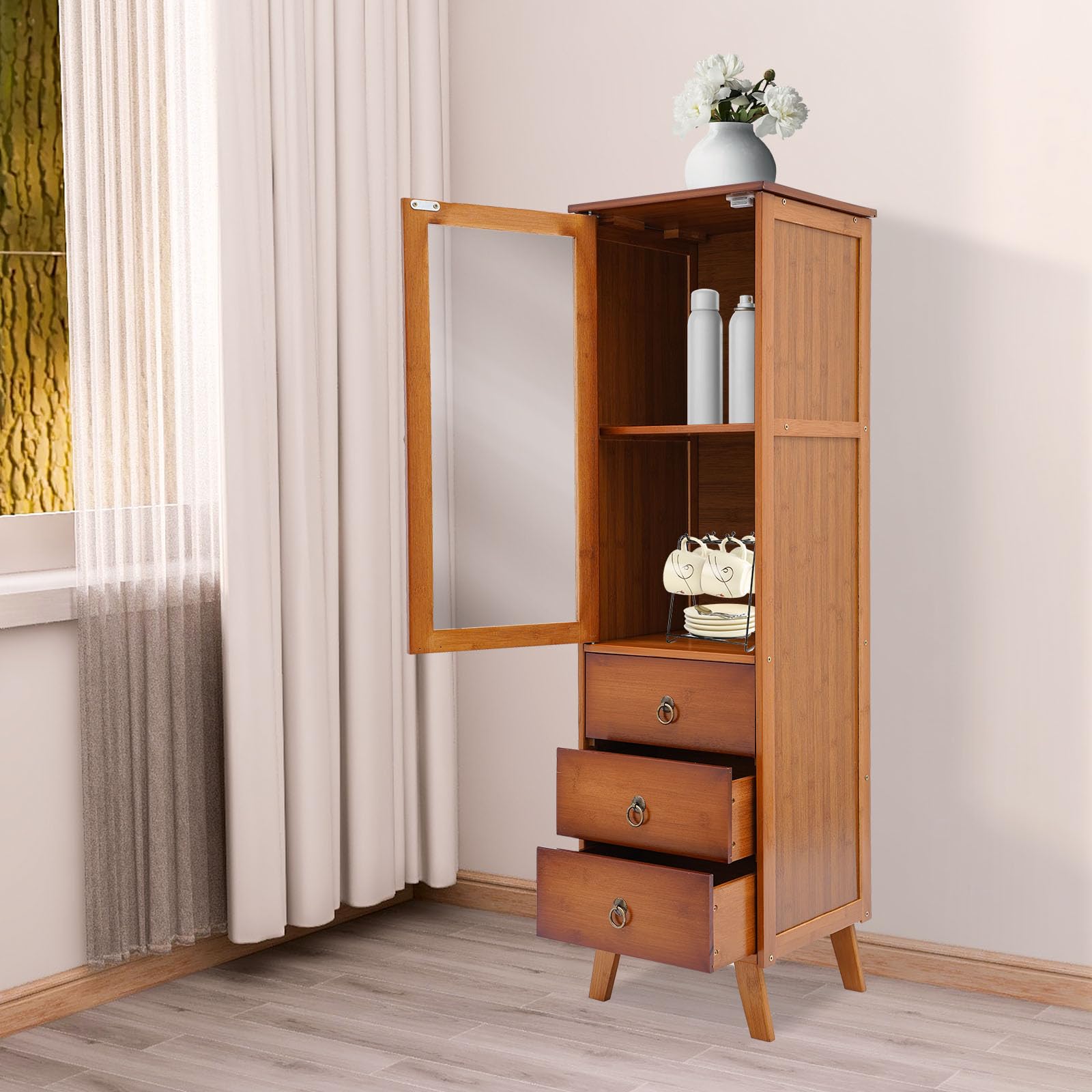 Treliamd Wood Storage Cabinet, Cupboard with 1 Door and 2 Drawers, Display Cabinet, Kitchen Cupboard Storage Organizer for Bedroom, Kitchen, Living Room, Brown