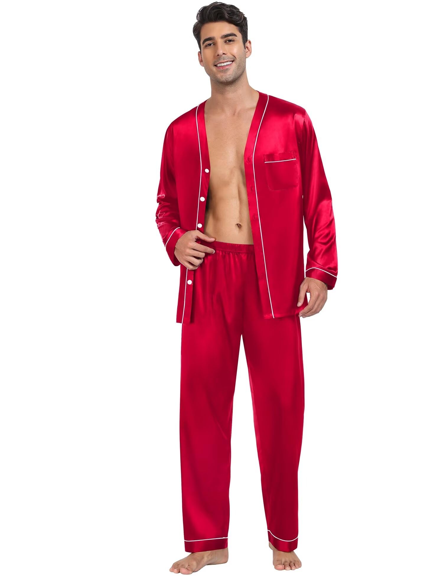 SWOMOG Satin Couples Matching Pajamas Set Silk Long Sleeve Sleepwear Nightwear Loungewear Red