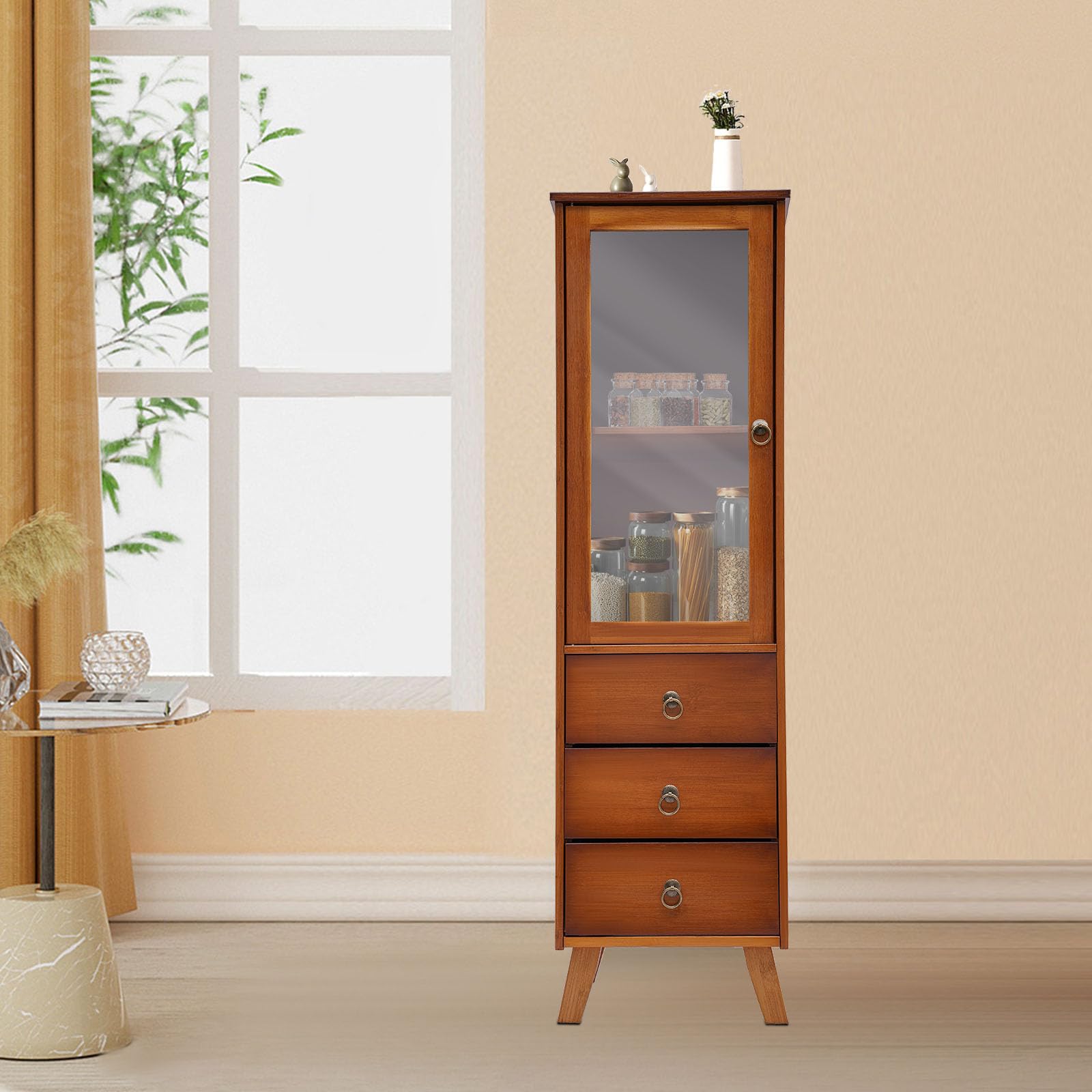 Treliamd Wood Storage Cabinet, Cupboard with 1 Door and 2 Drawers, Display Cabinet, Kitchen Cupboard Storage Organizer for Bedroom, Kitchen, Living Room, Brown