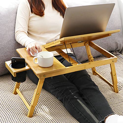 HUANUO Lap Desk- Fits up to 15.6 Inch Laptop Desk, Foldable Bed Tray Breakfast Table with 5 Angles Tilting Top, Height Adjustable Laptop Stand with Storage Net