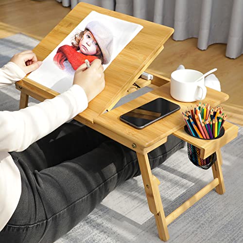 HUANUO Lap Desk- Fits up to 15.6 Inch Laptop Desk, Foldable Bed Tray Breakfast Table with 5 Angles Tilting Top, Height Adjustable Laptop Stand with Storage Net