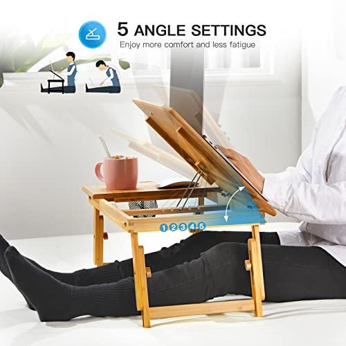 HUANUO Lap Desk- Fits up to 15.6 Inch Laptop Desk, Foldable Bed Tray Breakfast Table with 5 Angles Tilting Top, Height Adjustable Laptop Stand with Storage Net
