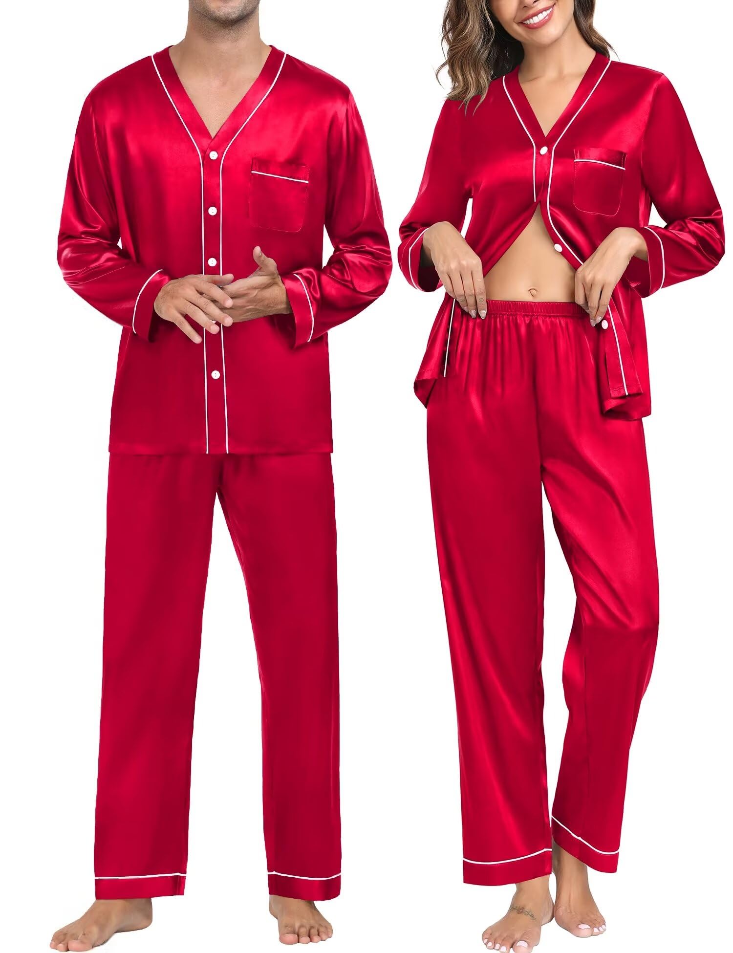 SWOMOG Satin Couples Matching Pajamas Set Silk Long Sleeve Sleepwear Nightwear Loungewear Red