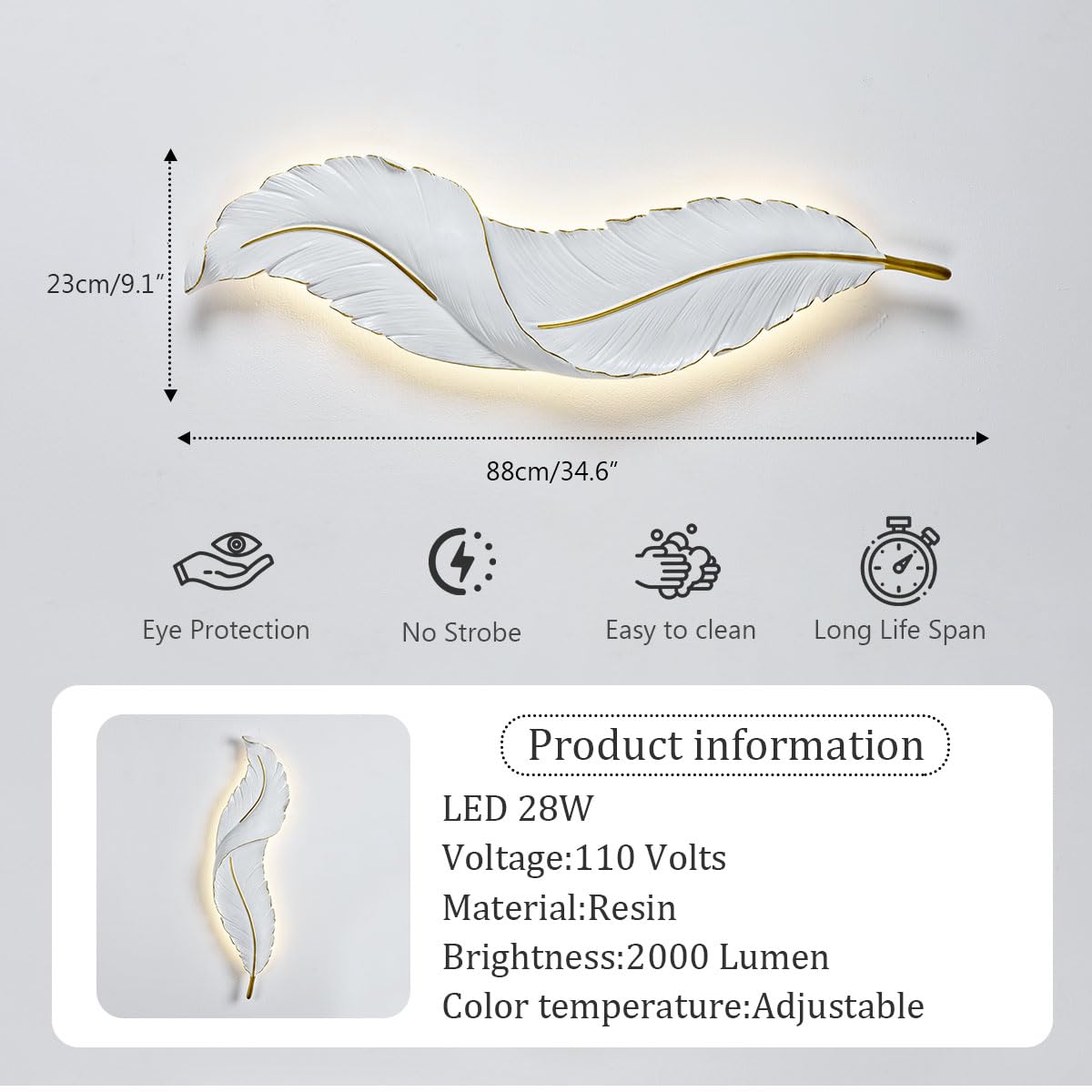 Qepeety LED Wall Lighting White Feather Wall Sconce Lamp 3 Color Temperature & 3 Brightness Level Modern Resin Light Fixtures for Hallway Entryway Living Room (Large)