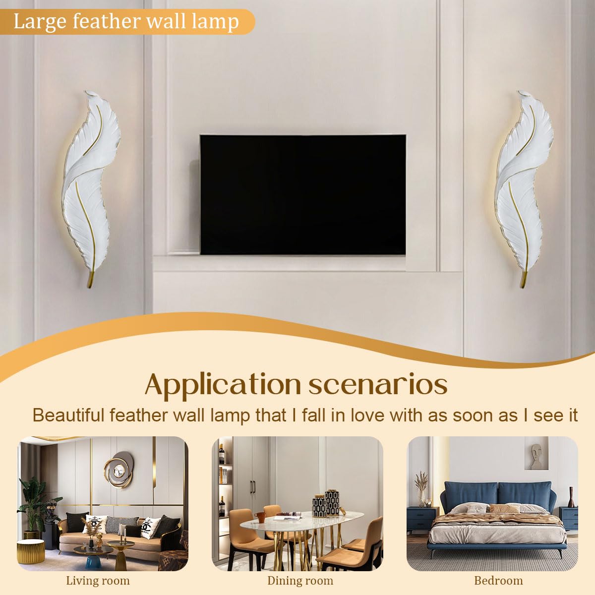 Qepeety LED Wall Lighting White Feather Wall Sconce Lamp 3 Color Temperature & 3 Brightness Level Modern Resin Light Fixtures for Hallway Entryway Living Room (Large)