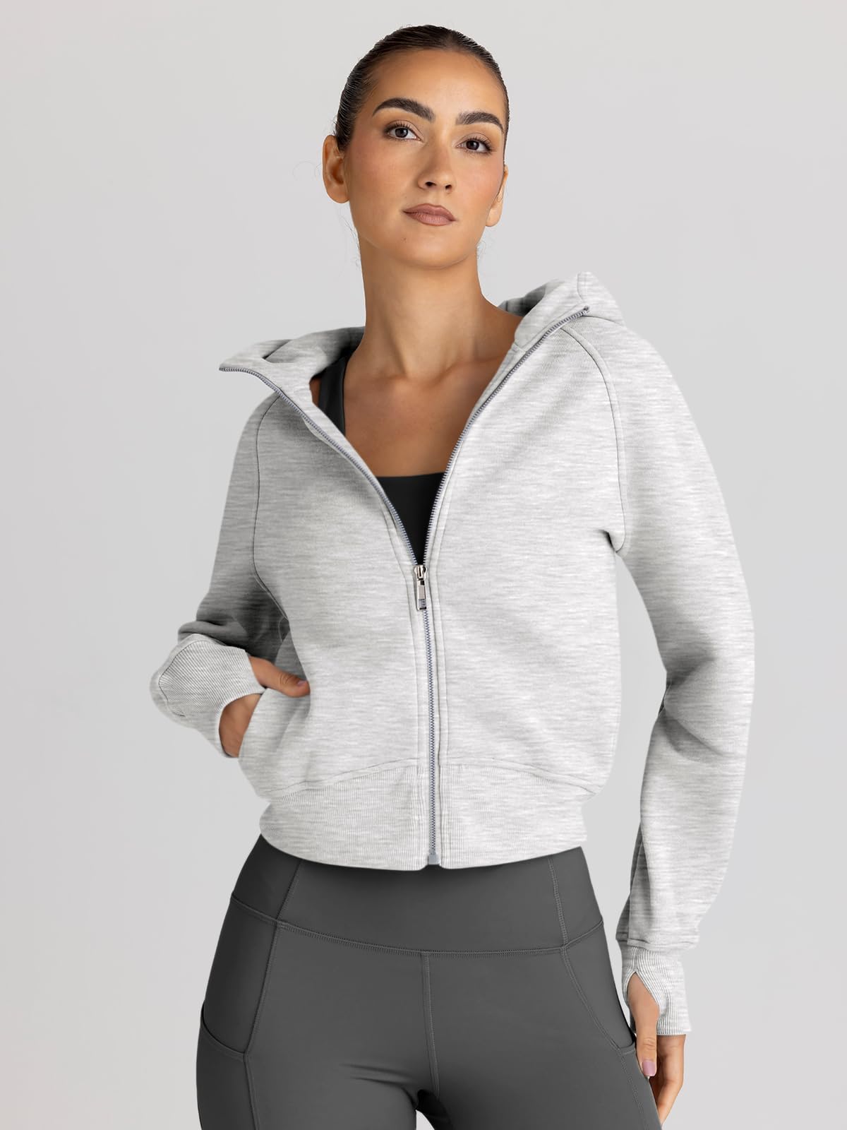 Trendy Queen Womens Zip Up Hoodies Jackets Cropped Sweatshirts Fleece Fall Outfits Casual Comfy Y2k Tops Winter Clothes 2025 Grey L
